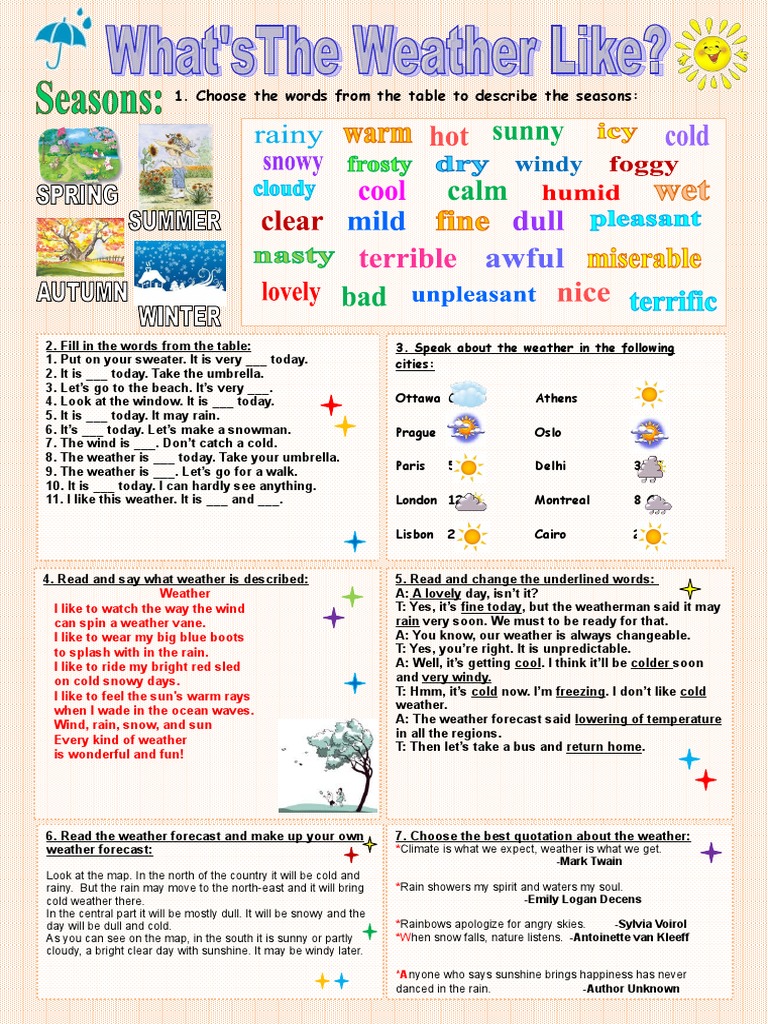 Choose The Words From The Table To Describe The Seasons:: Weather | PDF | Rain | Weather