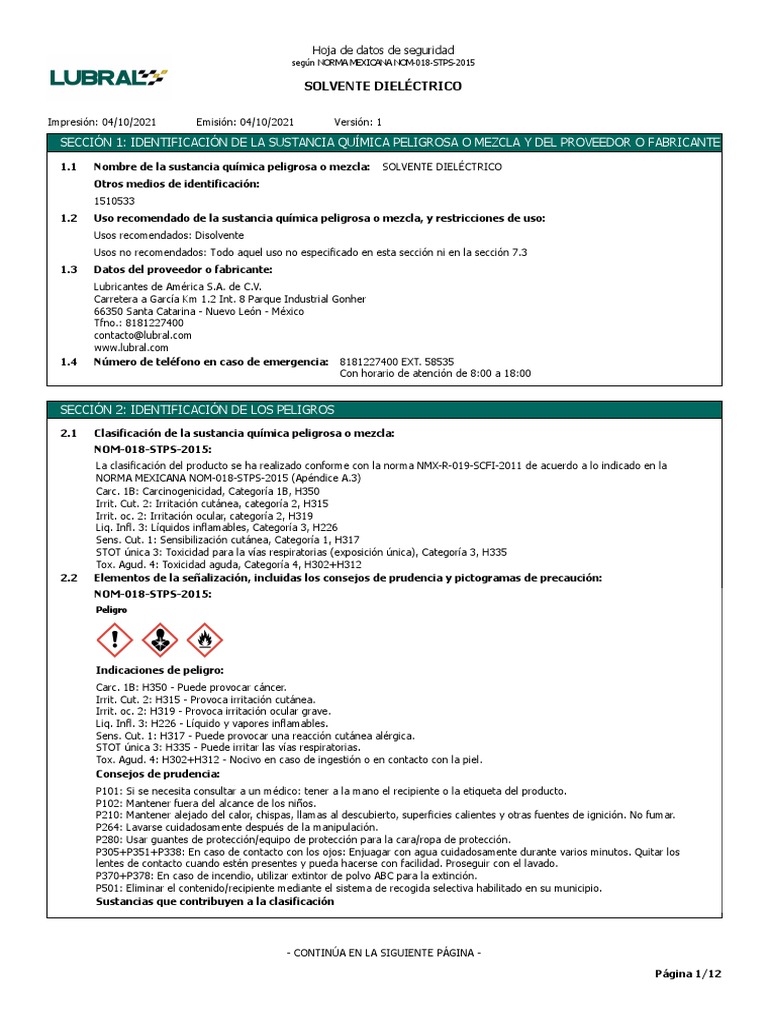 Hoja de Seguridad del Solvente Dieléctrico | PDF | Residuos | Toxicidad
