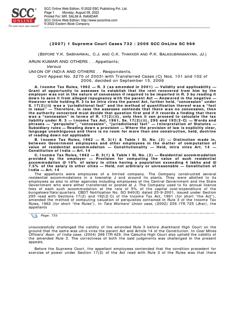 Arun Kumar v. Union of India, (2007) 1 SCC 732 | PDF | Employment | Salary