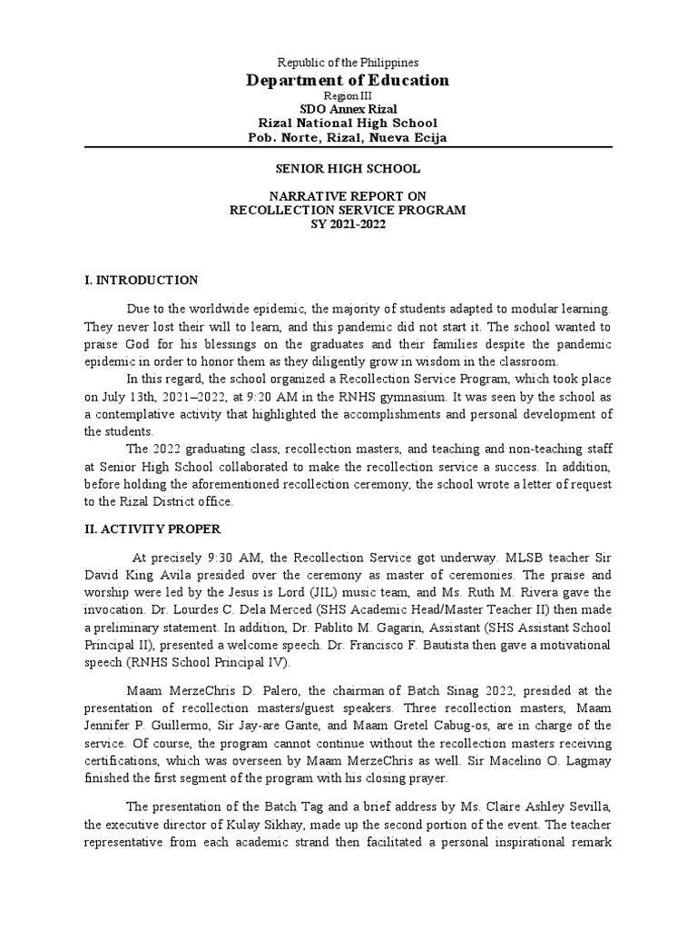 Narrative Report - Recollection Service Program 2022 | PDF | Wellness