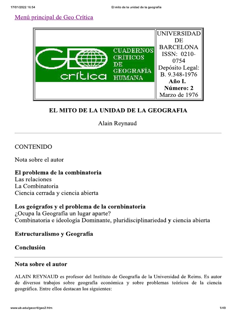 Alain Reynaud - El Mito de La Unidad de La Geografia | PDF