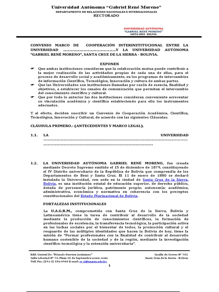MODELO Conv. M. Internacional | PDF | Bolivia | Universidad