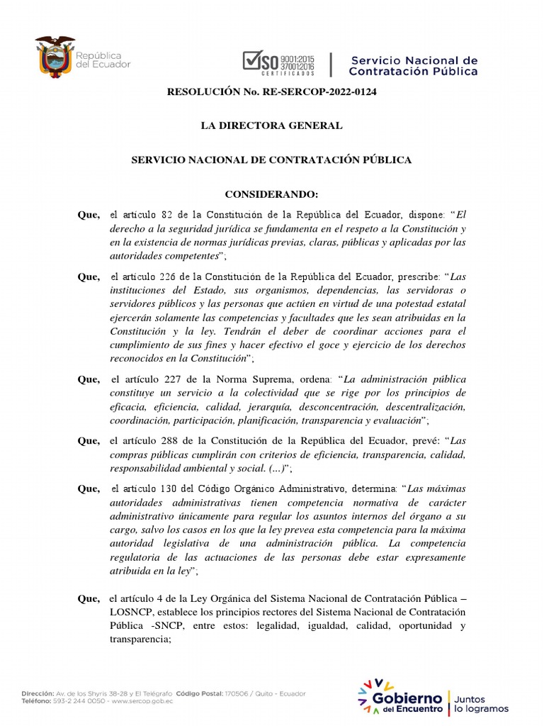 RESOLUCIÓN No - RE SERCOP 2022 124 Signed Signed1 | PDF | Regulación | Administración Pública