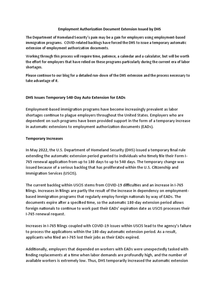 Employment Authorization Document Extension Issued by DHS | PDF ...