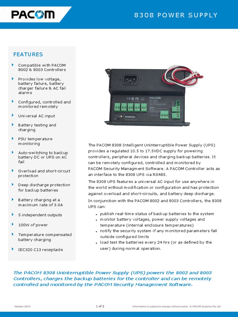 PACOM 8308 Power Supply Datasheet | PDF | Power Supply | Battery Charger