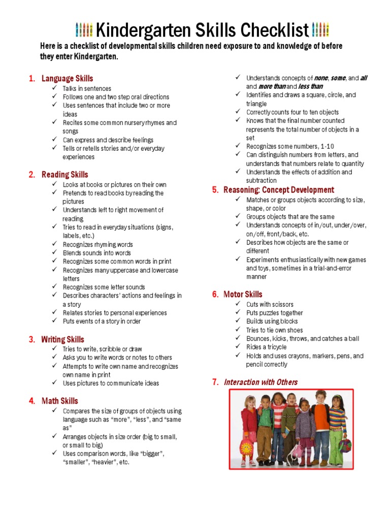 Kindergarten Skills Checklist | PDF | Concept | Cognitive Psychology