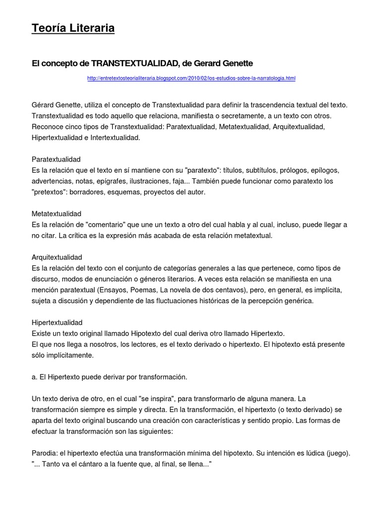 Tipos de Transtextualidad de Genette | PDF