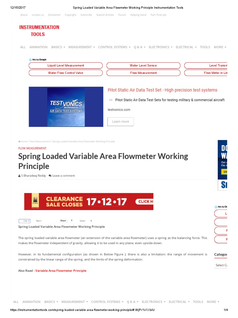 Spring Loaded Variable Area Flowmeter Working Principle | PDF | Flow ...