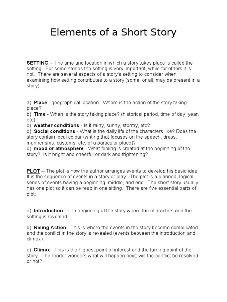 Parts Of A Short Story Summarizing Short Stories: Story Elements And