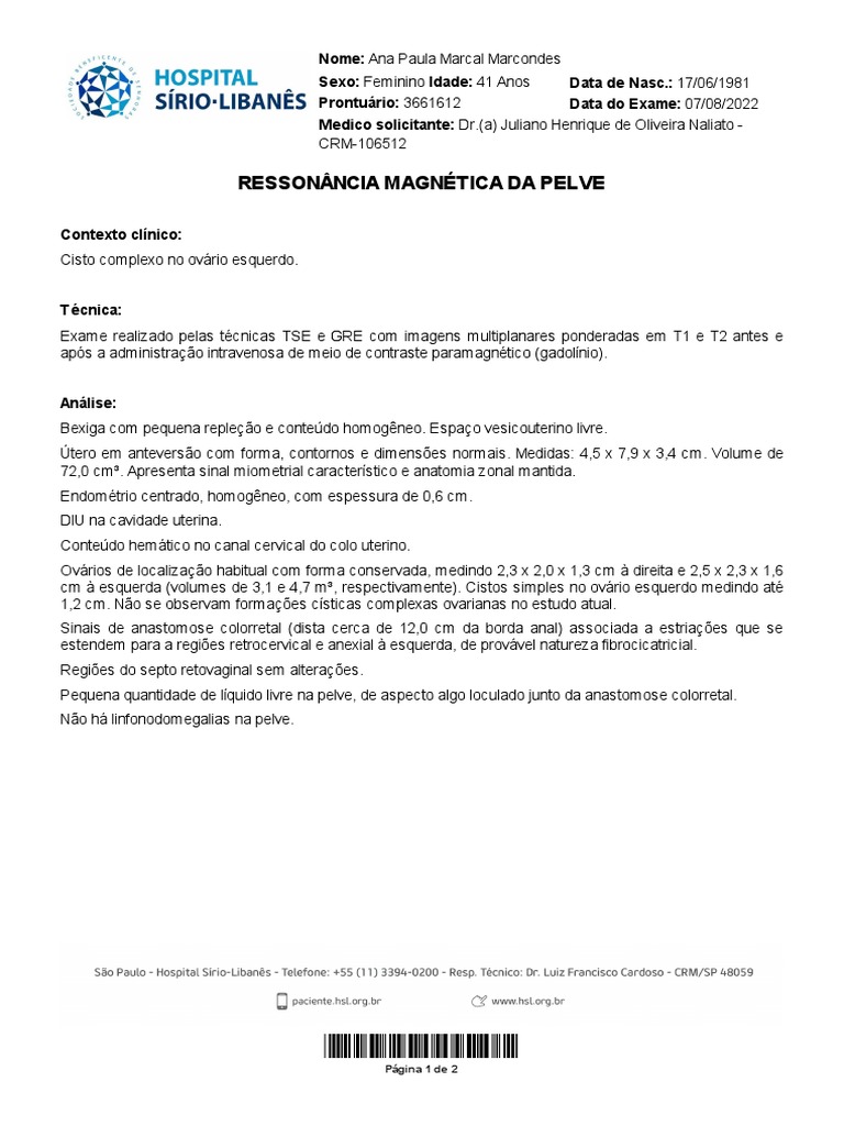 Ressonância magnética pélvica de 41 anos com cisto complexo ovariano esquerdo anterior | PDF ...