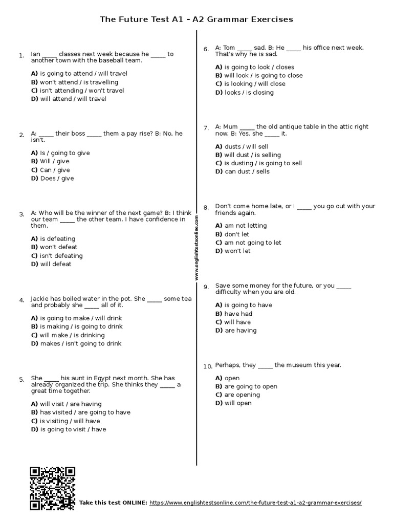 458 The Future Test A1 A2 Grammar Exercises | PDF