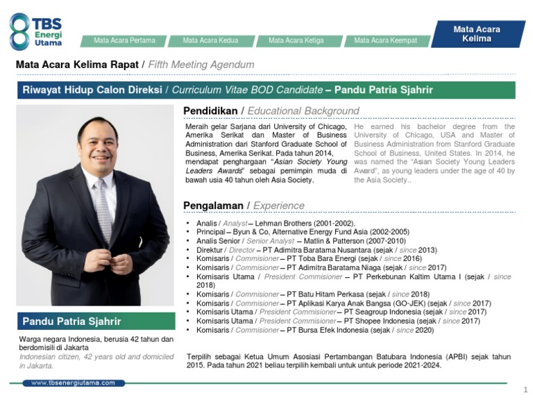 CV BOD Candidate - Pandu Patria Sjahrir | PDF | Karier & Perkembangan | Bisnis