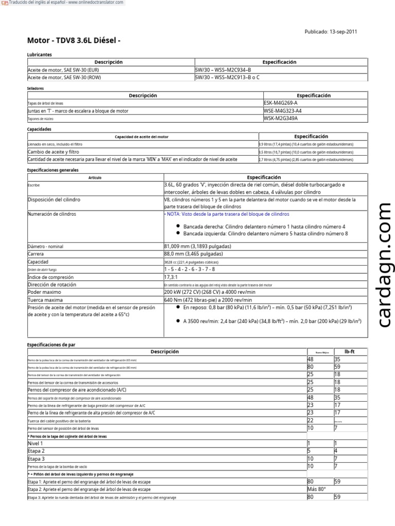 Range Rover 3.6L TDV8 Diesel Engine (001-031) .En - Es | PDF | Aceite ...