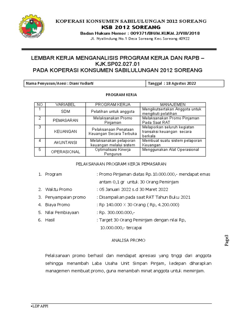 7.lembar Kerja Peserta KJK - SP02.027.01 (PK-RAPB) | PDF | Bisnis