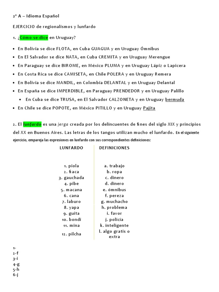 2º Ejercicios Regionalismos y Lunfardo | PDF 2º Ejercicios Regionalismos y Lunfardo | PDF