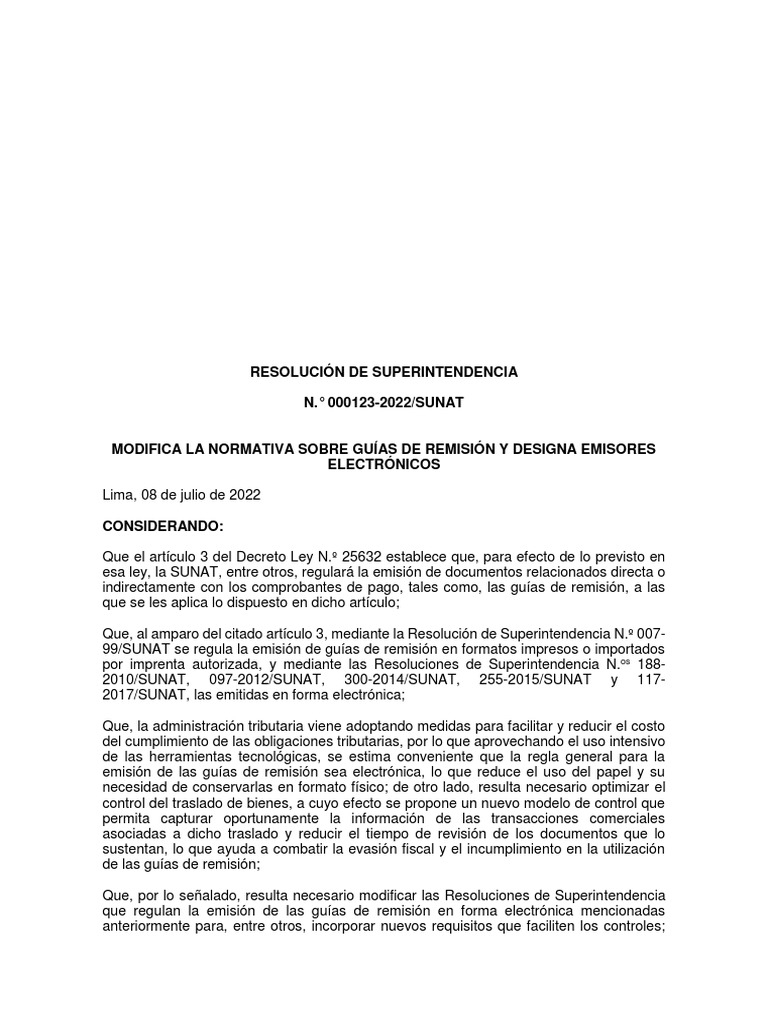 Resolución De Superintendencia N ° 000123 2022 Sunat Pdf