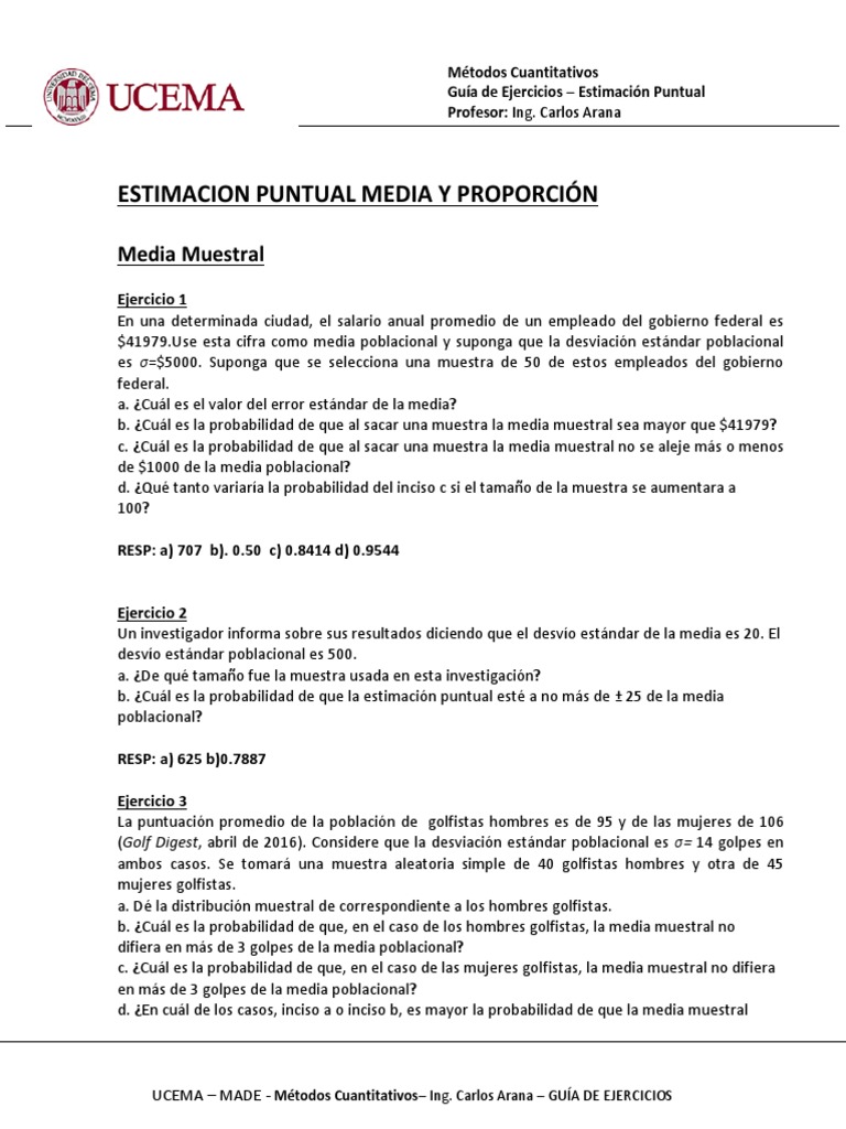 Guía de Ejercicios ESTIMACION PUNTUAL | PDF | Muestreo (Estadísticas) | Desviación Estándar