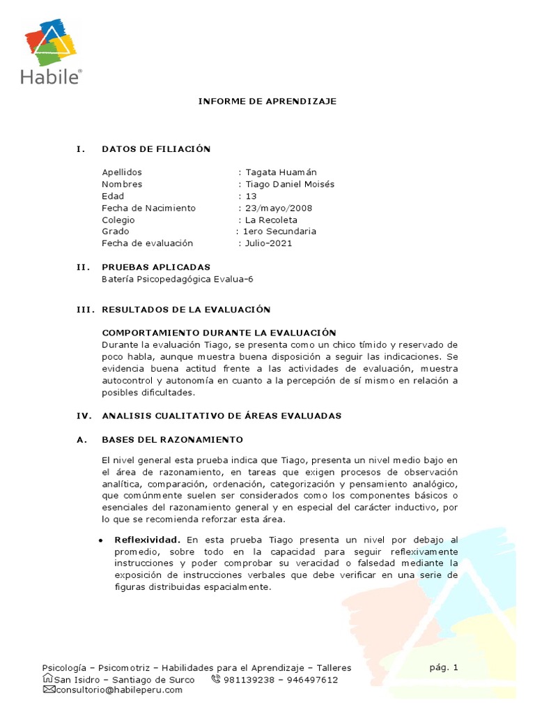 Informe de Aprendizaje de Tiago | PDF | Comprensión lectora | Memoria