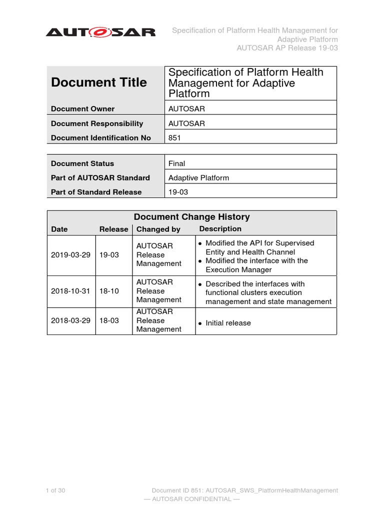 AUTOSAR SWS PlatformHealthManagement | PDF | Specification (Technical Standard) | Computer File