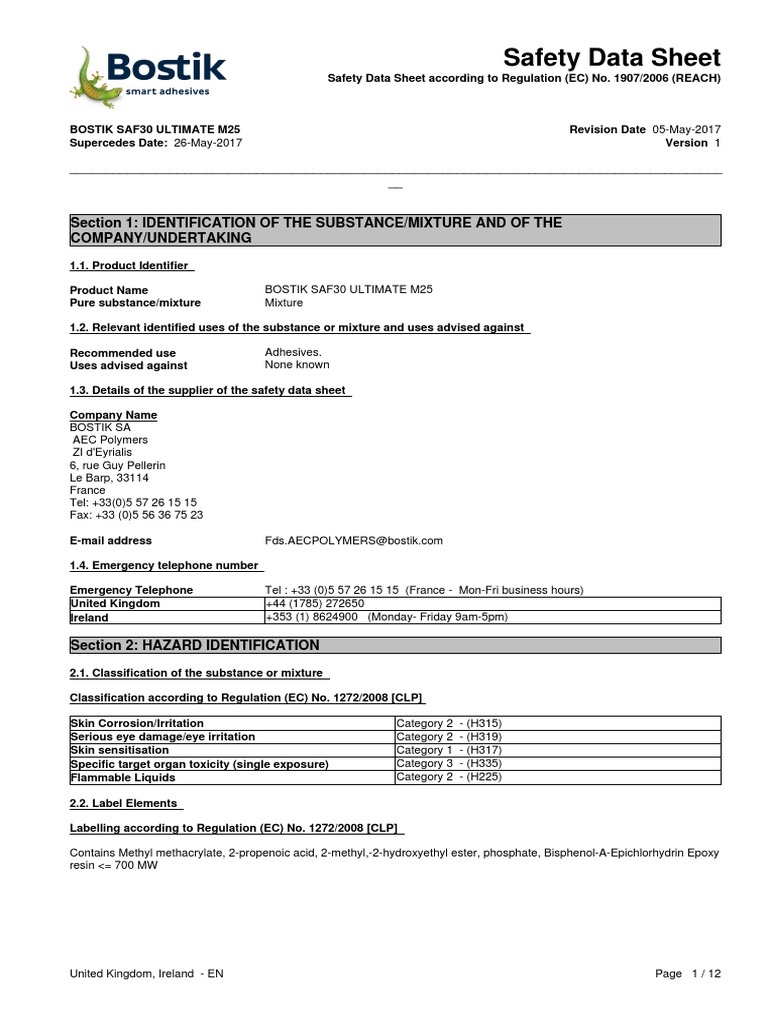 Bostik Saf30 Ultimate M25-En-1.0 | PDF | Dangerous Goods | Toxicity