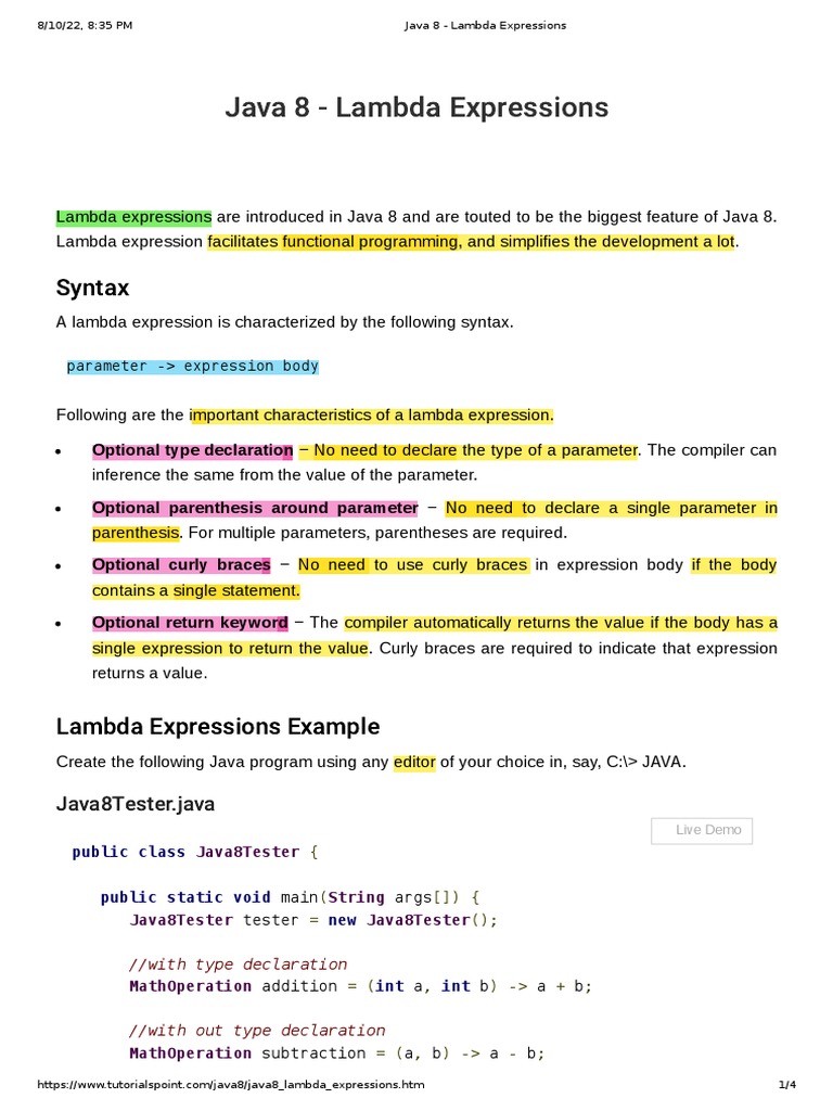 Java 8 - Lambda Expressions | PDF | Anonymous Function | Parameter ... Java 8 - Lambda Expressions | PDF | Anonymous Function | Parameter ...