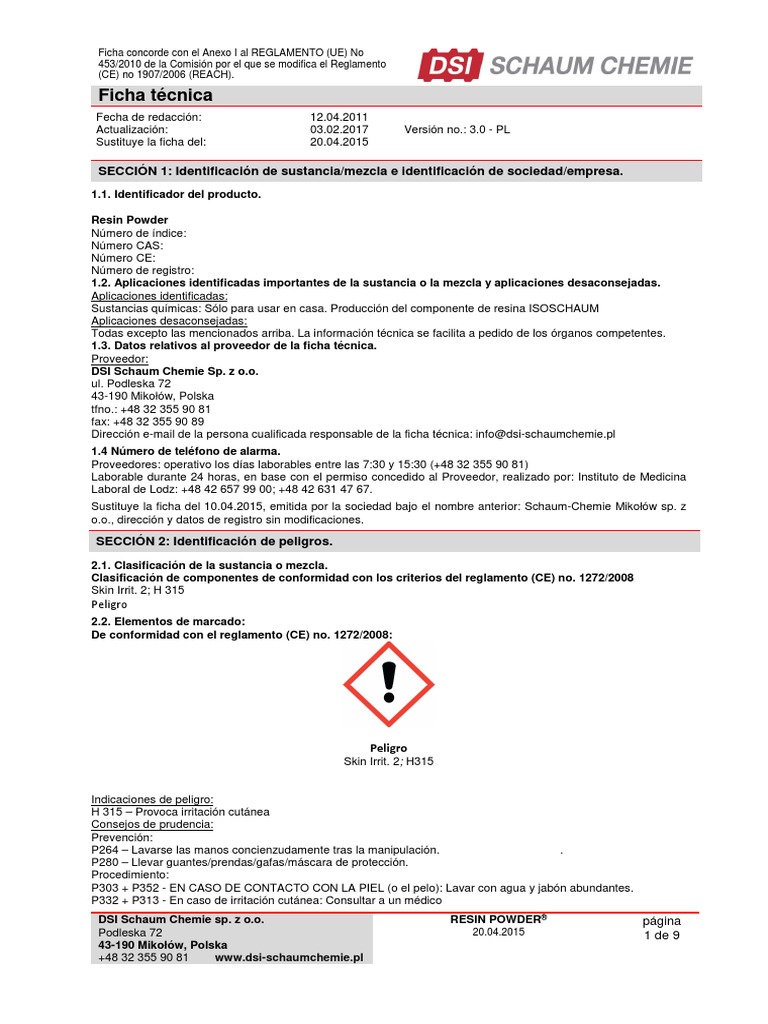 Ficha de Datos de Seguridad - RESIN POWDER | PDF | Toxicidad | Agua