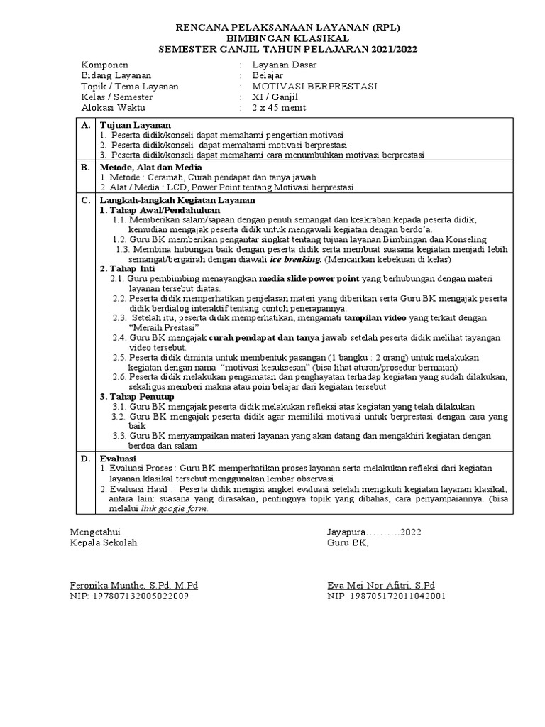 RPL Dan Materi BK - Menumbuhkan Motivasi Berprestasi | PDF