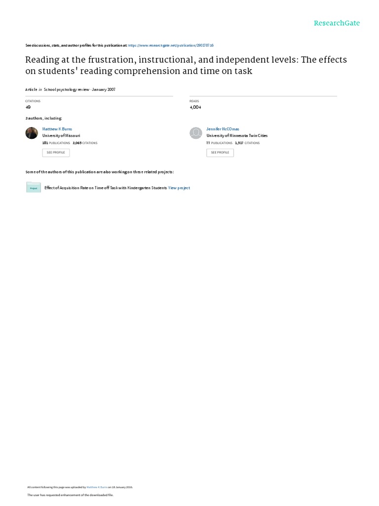 Reading at The Frustration, Instructional, and Independent Levels: The ...