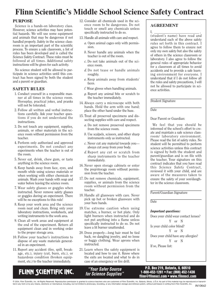 Middle School Safety Contract | Download Free PDF | Laboratories | Glasses