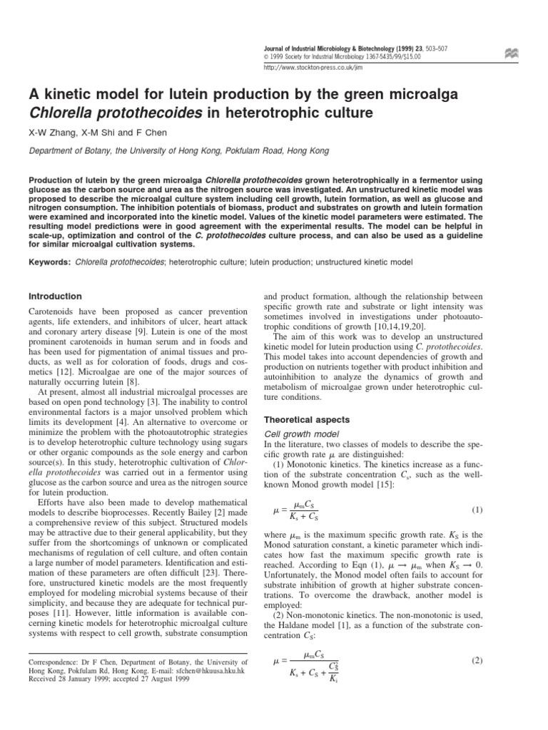 A Kinetic Model For Lutein Production by The Green Microalga Chlorella ...
