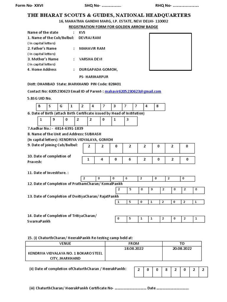 Registration Form for the Golden Arrow Badge Award Documenting a Cub ...