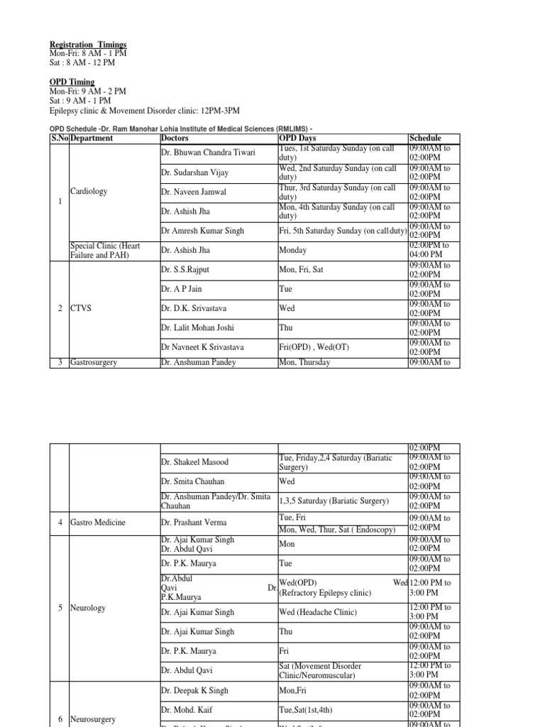 Registration Timings: OPD Schedule - Dr. Ram Manohar Lohia Institute of Medical Sciences (RMLIMS ...