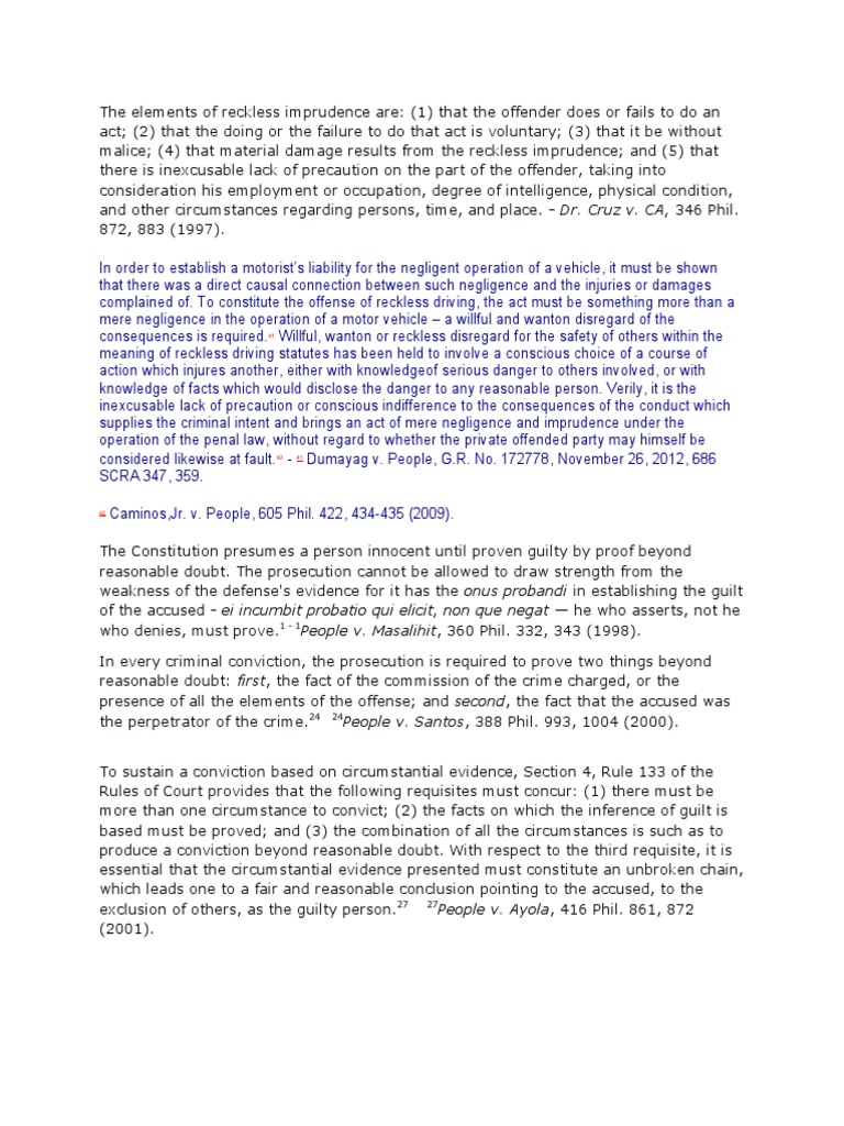 Reckless Imprudence Jurisprudence | PDF | Burden Of Proof (Law ...