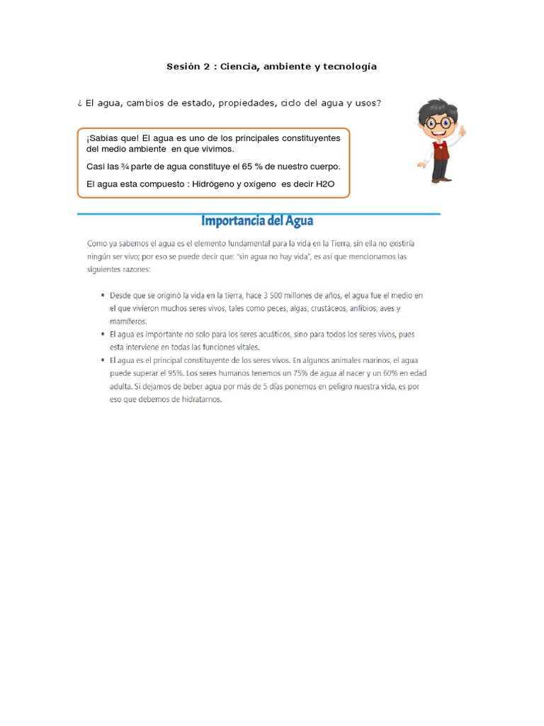 Sesion de Aprendizaje 2 Agua, Estados Del Agua, Ciclo Del Agua, Uso Del ...