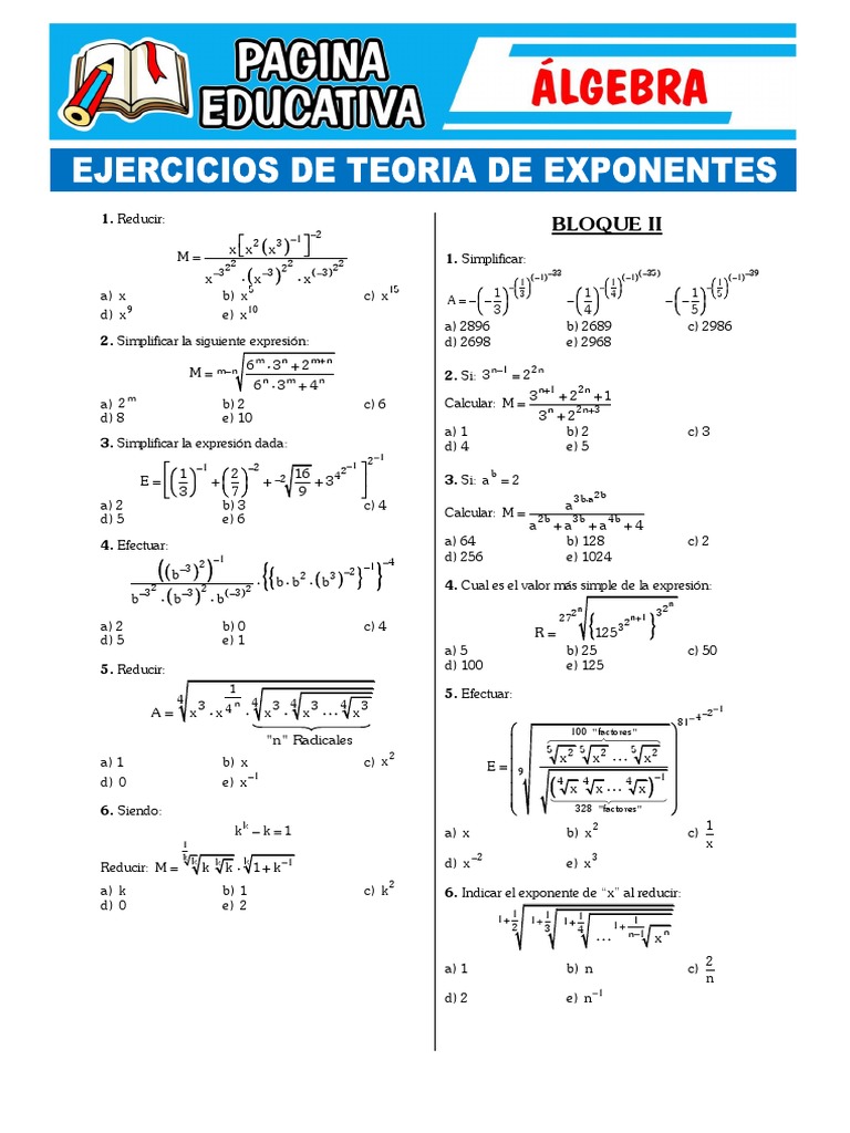 Ejercicios de Teoria de Exponentes Pagina Educativa | PDF