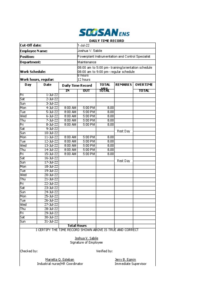 Daily Timesheet Records | PDF
