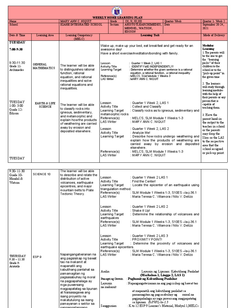 WHLP-Q 1-W2 - S.Y. 2021-2022 | PDF | Rock (Geology) | Learning