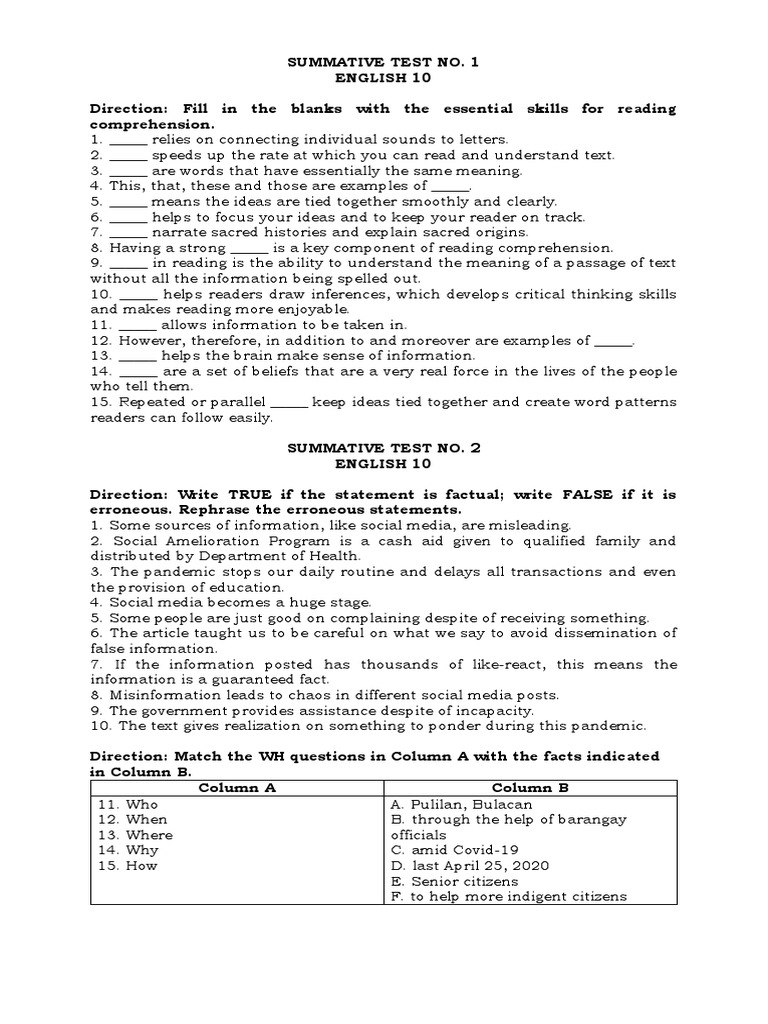 English 10 Quarter 1 Summative Test 1 & 2 | PDF | Reading Comprehension ...