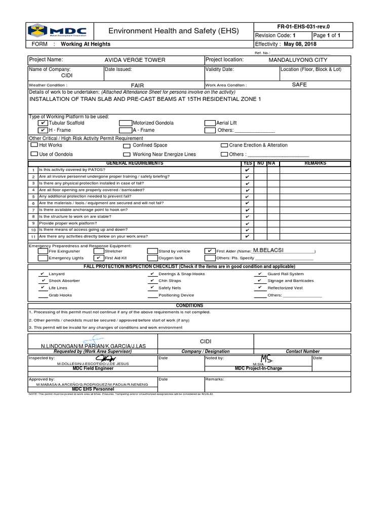 Working at Heights Safety Checklist | PDF | Safety
