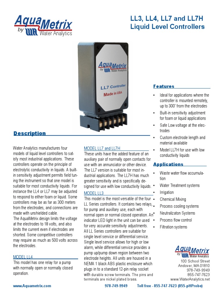 Aquametrix: Ll3, Ll4, Ll7 and Ll7H Liquid Level Controllers | PDF | Switch | Relay