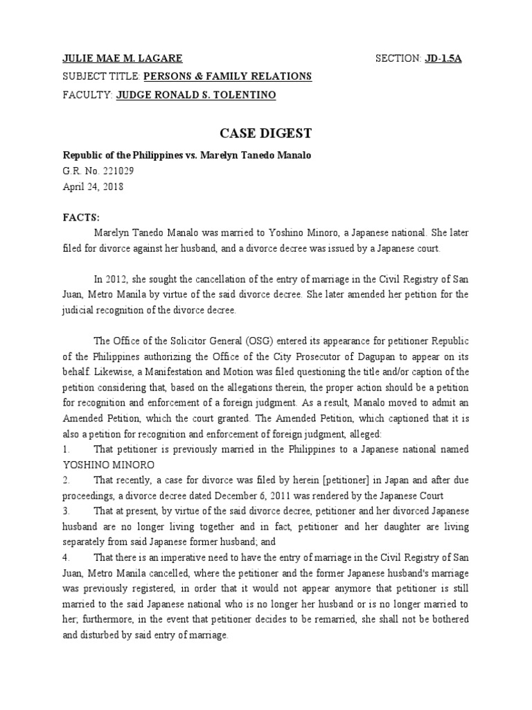 Republic vs. Manalo-Case Digest | PDF | Divorce | Marriage