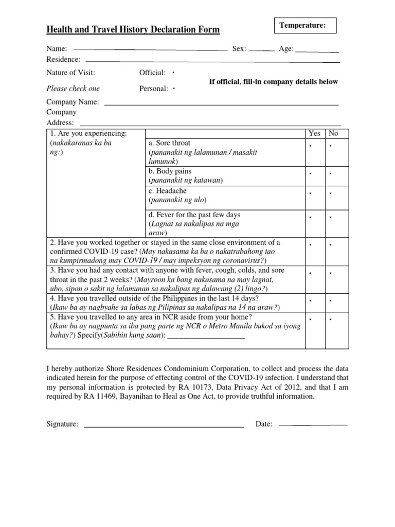 Health and Travel History Declaration Form | PDF