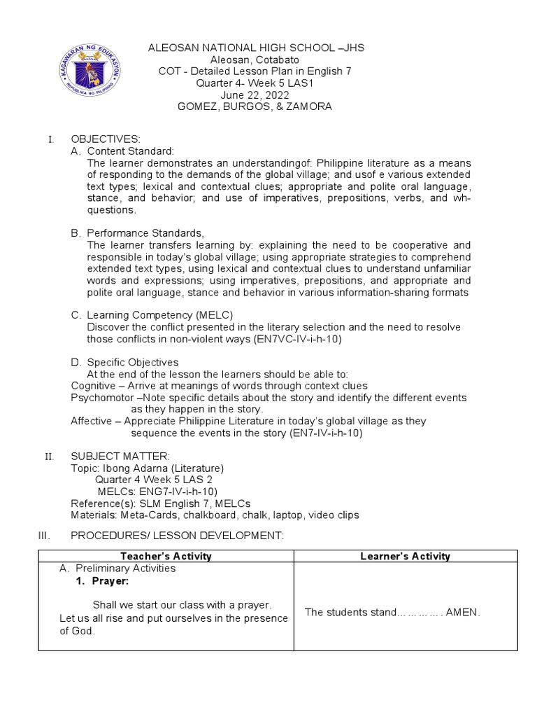 COT GRADE 7 2022 DEMO Q1 Copy1edited | PDF | Learning | English Language