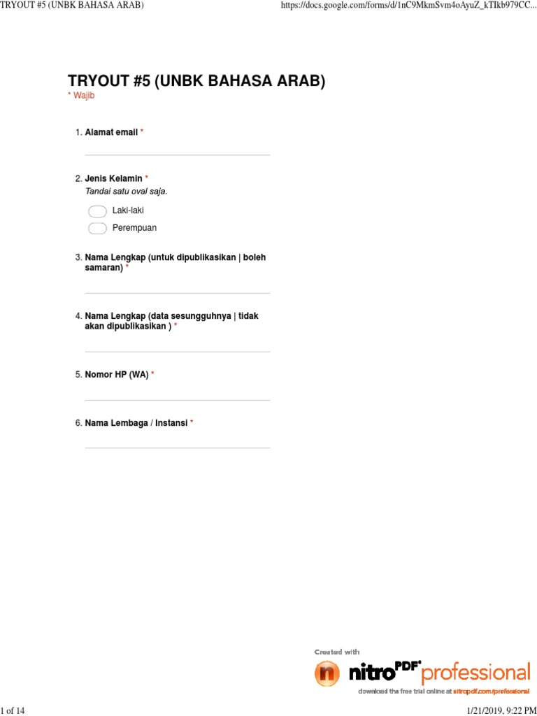 Naskah Soal Tryout #5 (Unbk Bahasa Arab) | PDF