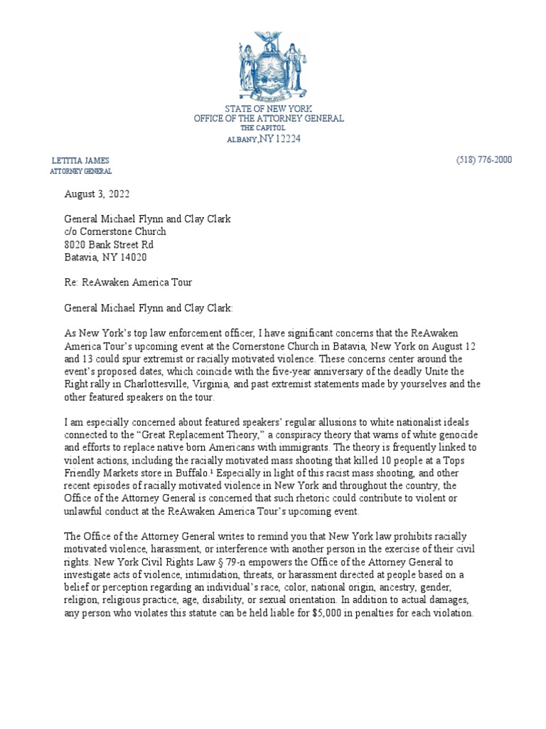 NY Attorney General Letter On ReAwaken America Tour | PDF | Hate Crimes ...