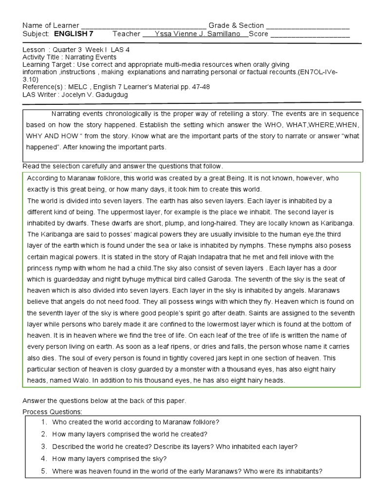 Name of Learner - Grade & Section - Subject: ENGLISH 7 Teacher Yssa ...