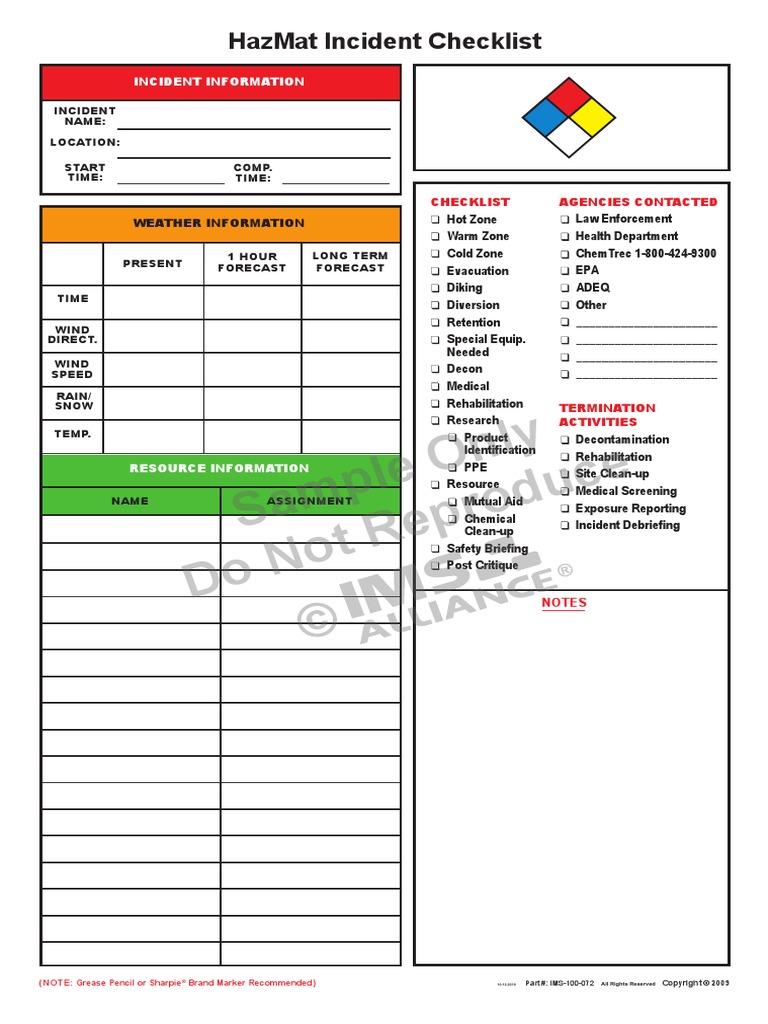 Sample Only Do Not Reproduce: Hazmat Incident Checklist | PDF | Working Conditions ...
