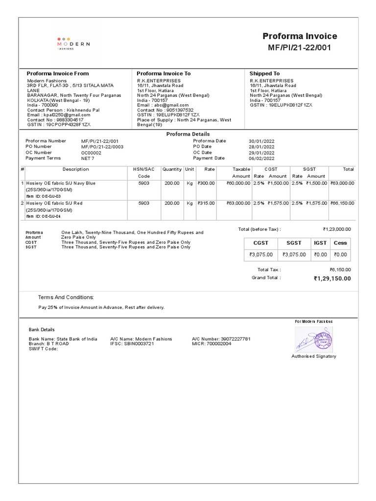Proforma Invoice - MF - PI - 21-22 - 001 - 2022-01-30 | PDF ...
