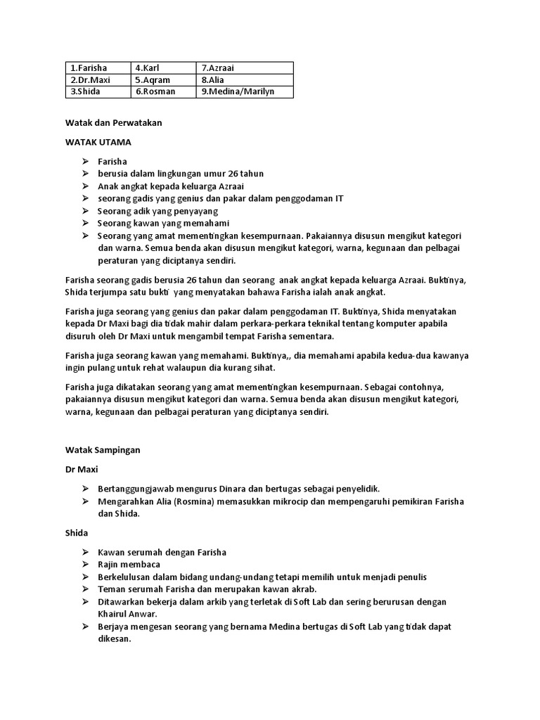 Watak Dan Perwatakan Watak Utama | PDF