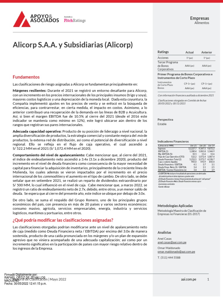 Informe de Clasificación de Riesgos - Alicorp | Descargar gratis PDF | Compartir (Finanzas) | Perú